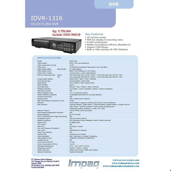 Jual IMPAQ DVR 16 Channel IDVR 1316 oleh PT. Wahana Sukses Makmur