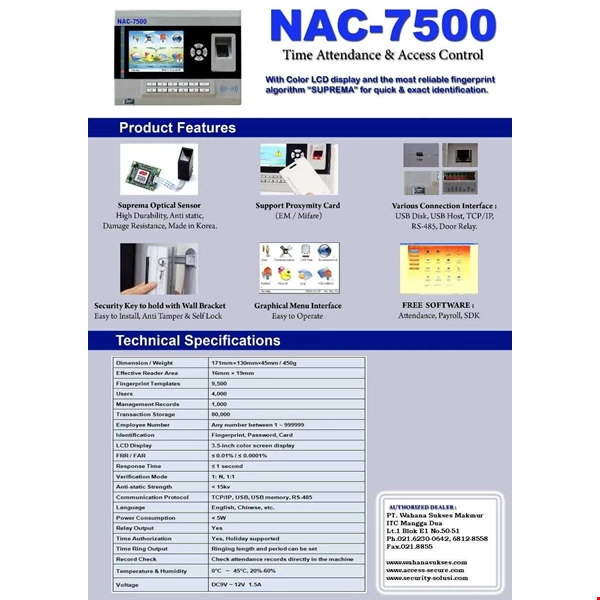 Jual NAC 7500 Fingerprint Time Attendance & Access With Colour LCD oleh ...
