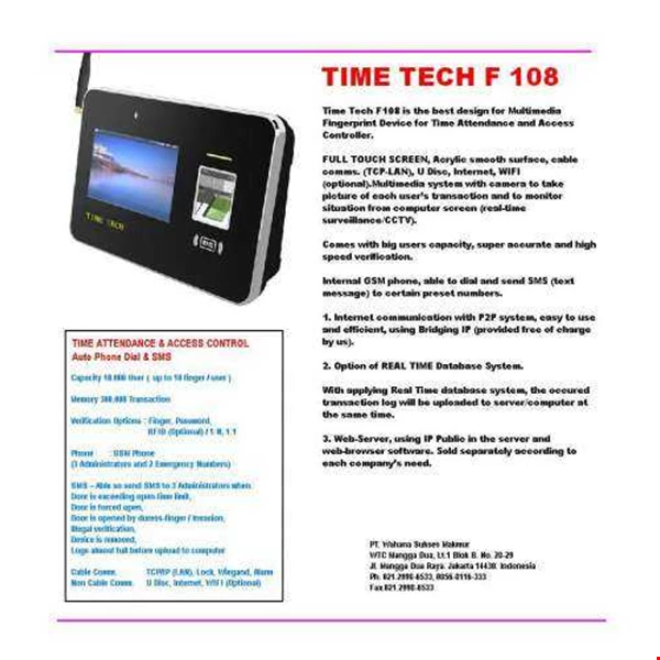 Jual Fingerprint Time Tech F108 SMS Reporting & WIFI oleh PT. Wahana ...