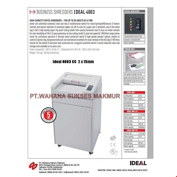 Jual Ideal 4003 Mesin Penghancur Kertas oleh PT. Wahana Sukses Makmur