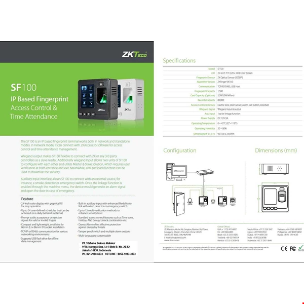 Jual Fingerprint ZK SF100 oleh PT. Wahana Sukses Makmur