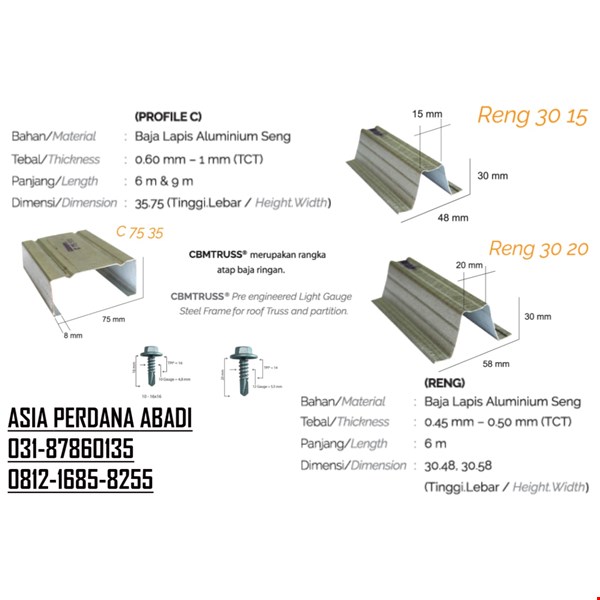 Jual Reng Baja Lapis Aluminium Seng Jatim oleh CV. Asia Perdana Abadi