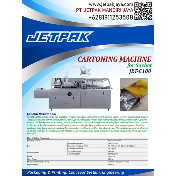 Jual Cartoning Machine For Sachet JET-C100 oleh PT. Jetpak Mandiri Jaya