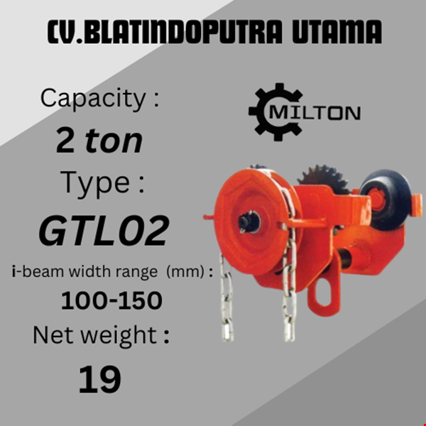 Jual MILTON GEARED TROLLEY TYPE GTL02 CAPACITY 2 TON oleh CV. Blatindoputra