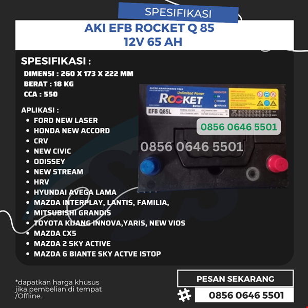 Jual Aki Mobil Rocket EFB Q85 12v 65Ah oleh Sumber Jaya Surabaya