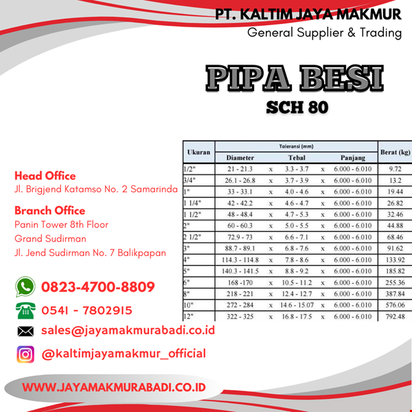 Jual PIPA BESI SCH 80 WELDED SEAMLESS DIAMETER 1 1/2 oleh PT. Kaltim Jaya Makmur