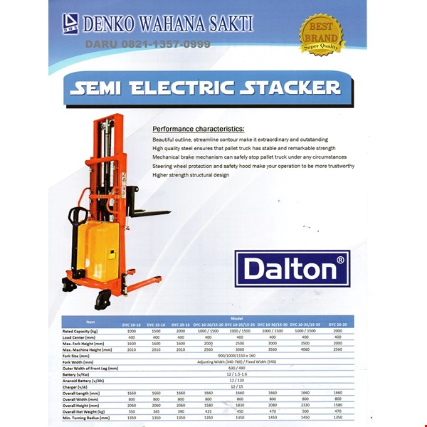 Jual Hand lift Stacker Listrik Semi Electric merk Daltonlift seri DYC ...