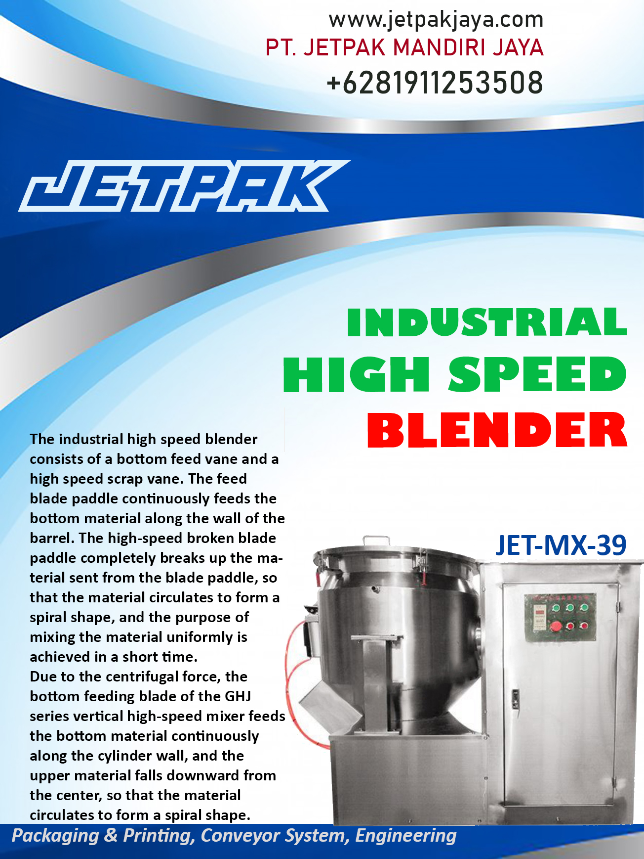 Jual Industrial High Speed Blender oleh PT. Jetpak Mandiri Jaya