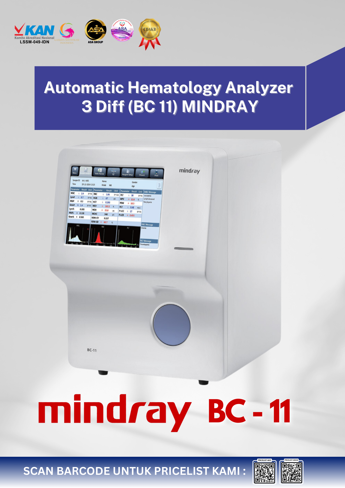 Jual Hematology Analyzer 3 Diff ( BC 11 ) MINDRAY oleh PT. Anugerah ...