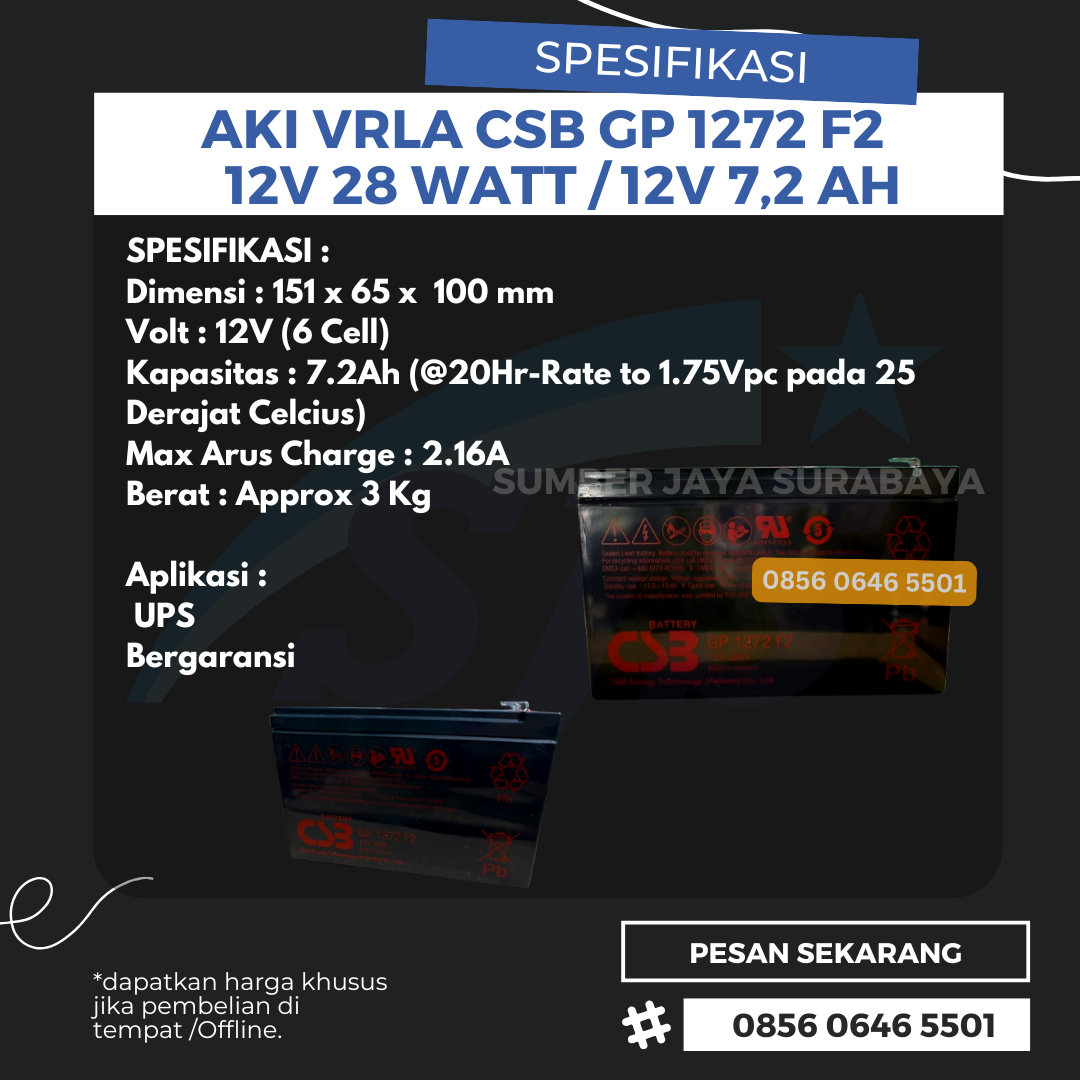 Jual AKI VRLA CSB GP 1272 12v 28 watt 12v 7,2 ah AKI UPS oleh Sumber ...